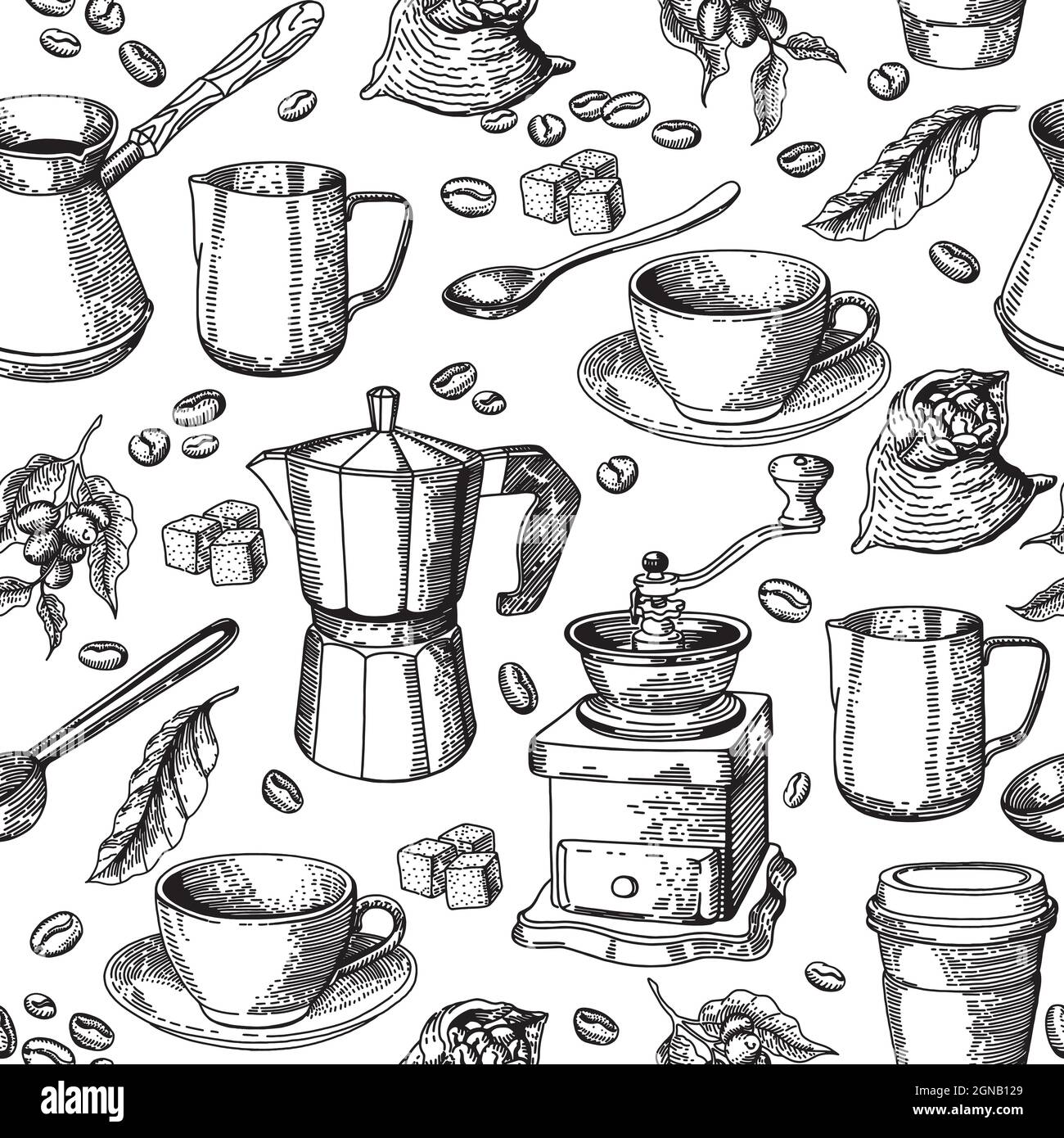 vector pattern with coffee, sketch drawing, black and white. for coffee ...