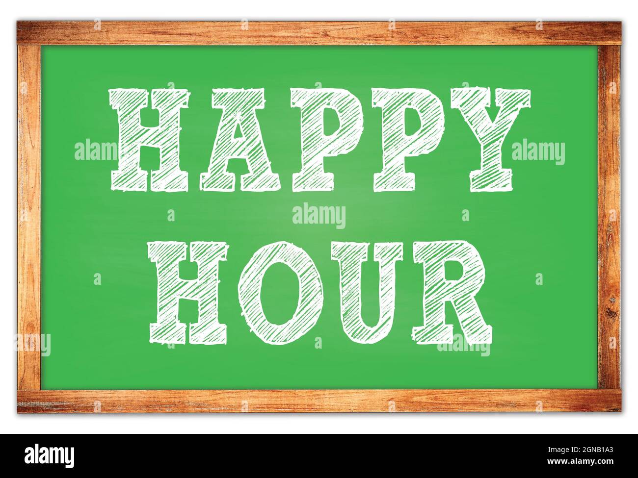 HAPPY HOUR written on green wooden frame school blackboard Stock Photo ...