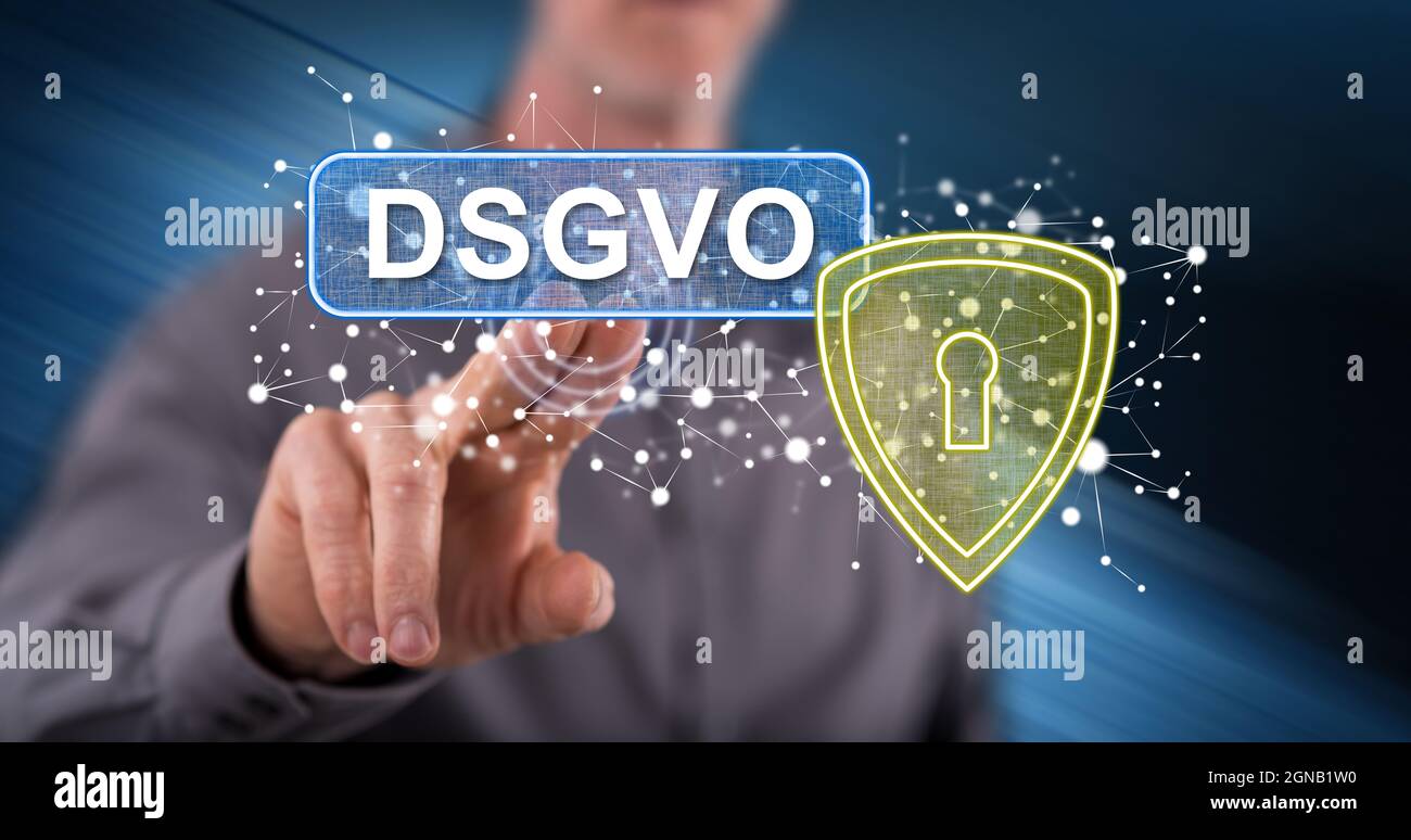 Man touching a gdpr concept (german text dsgvo) on a touch screen with ...