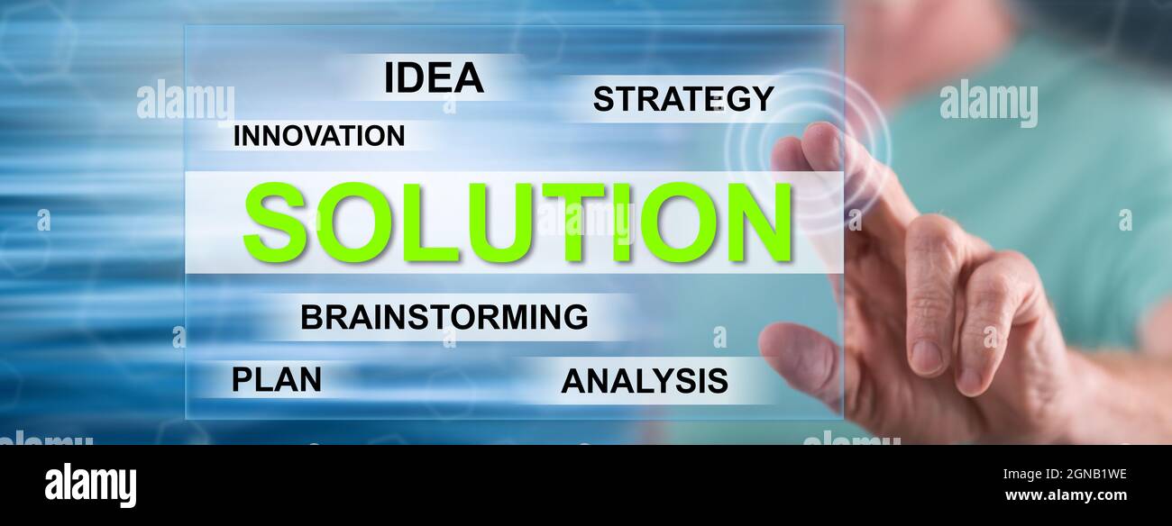 Man touching a solution concept on a touch screen with his finger Stock ...