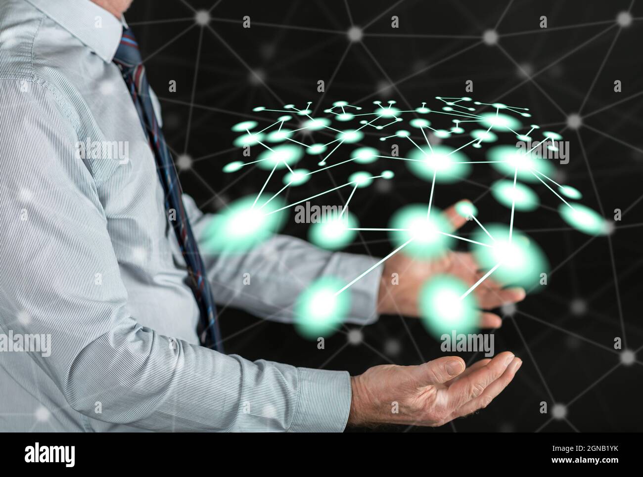 Network concept above the hands of a man Stock Photo - Alamy
