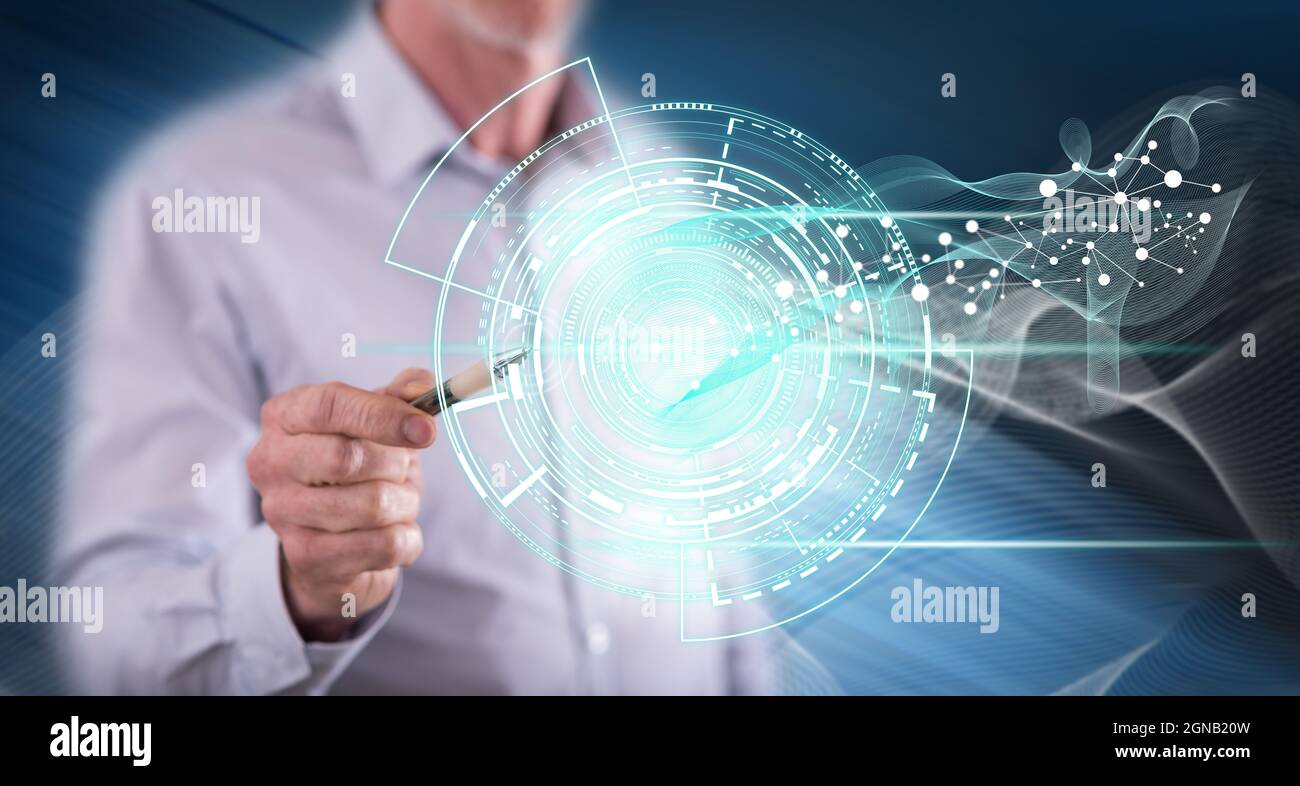 Man touching a technology concept on a touch screen with a pen Stock ...