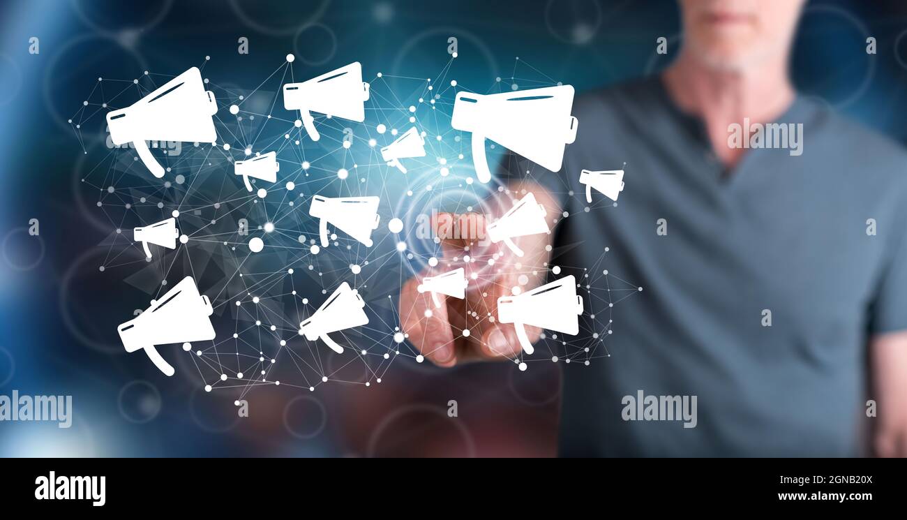 Man touching a digital marketing concept on a touch screen with his ...