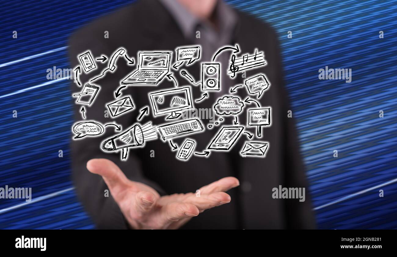 Communication concept above the hand of a man in background Stock Photo ...