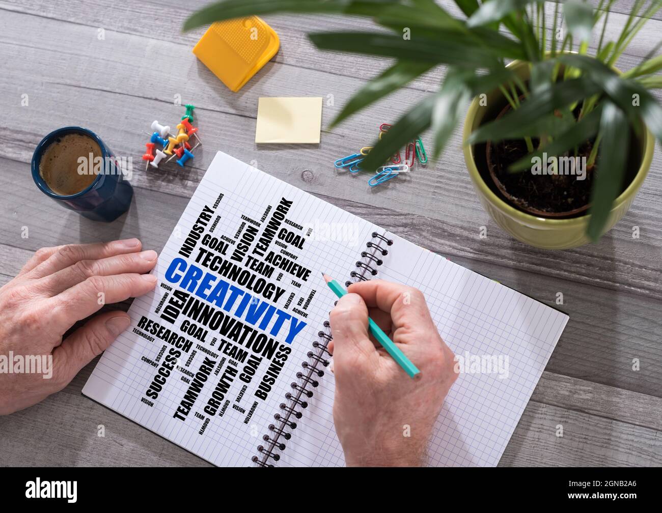 Creativity word cloud concept drawn on a notepad placed on a desk Stock ...