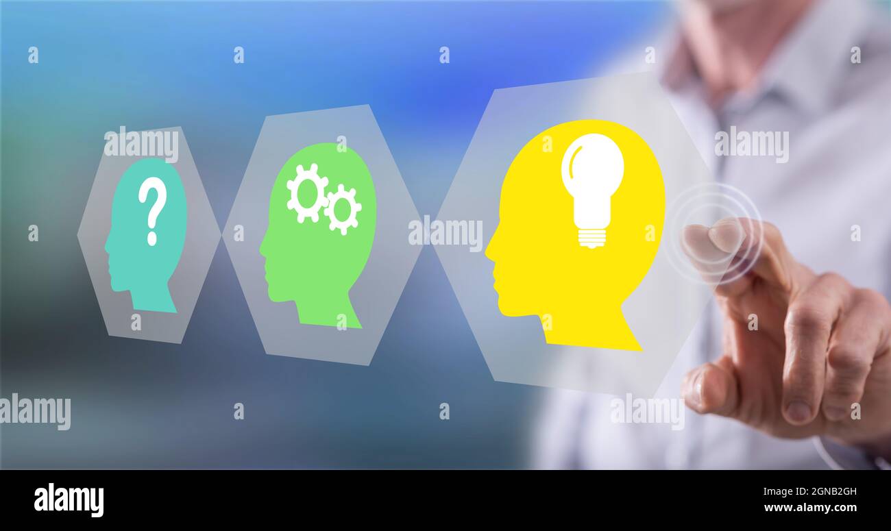 Man touching an innovation concept on a touch screen with his finger ...