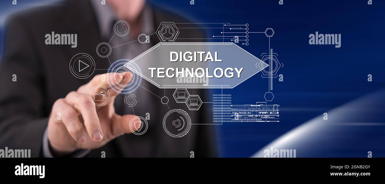 Man touching a digital technology concept on a touch screen with his ...