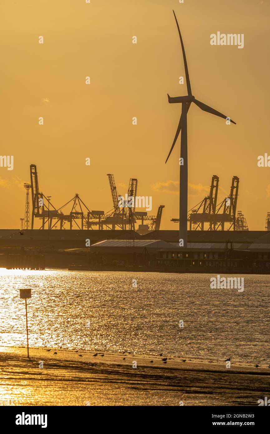 Cranes and wind turbines in Tilbury docks from the promenade at ...