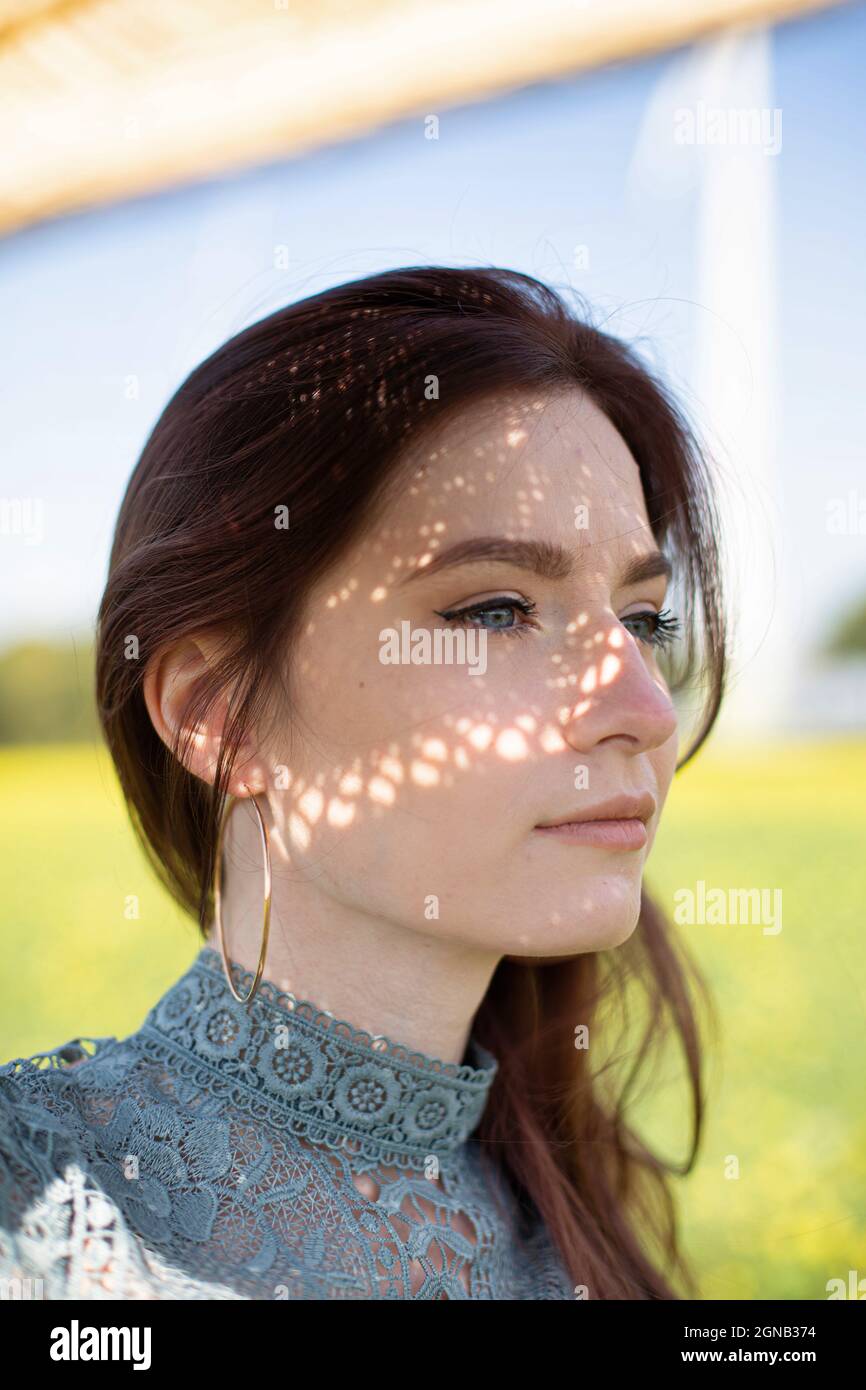 European white young girl with dark hair portrait with blue eyes Stock ...