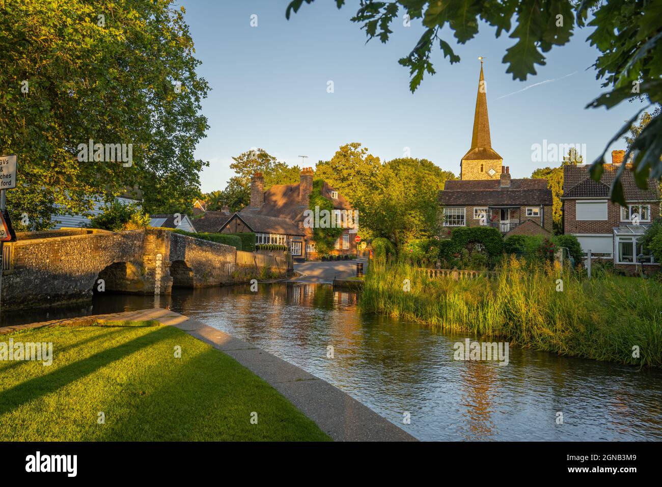 The ford at Eynesford Kent. On a summers evening, With the spire of ...