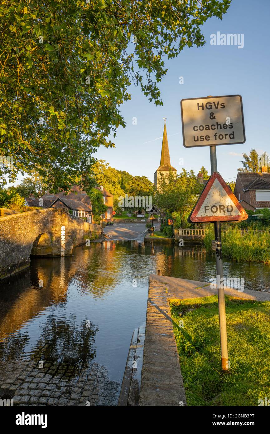 The ford at Eynesford Kent. On a summers evening, With the spire of ...