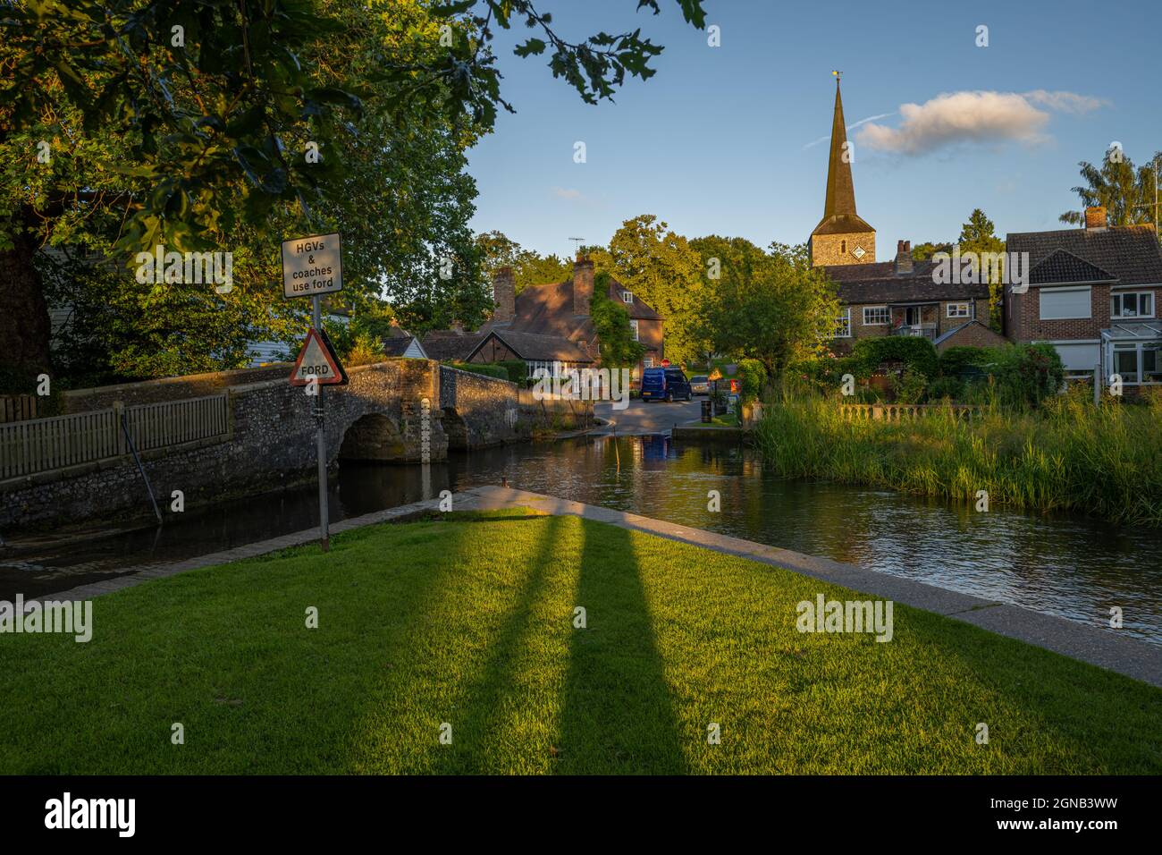 The ford at Eynesford Kent. On a summers evening, With the spire of ...