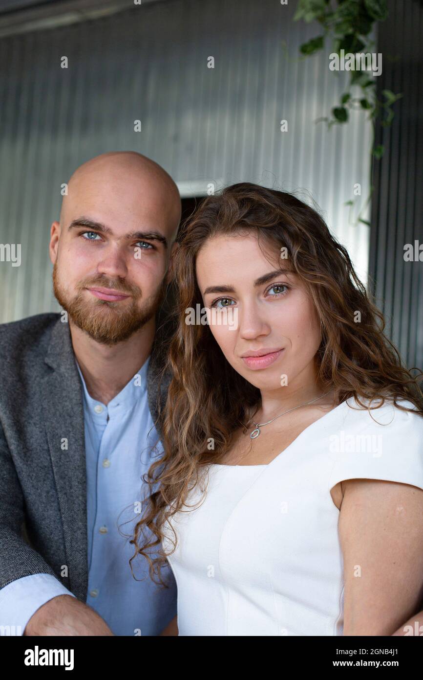 Portrait of young happy white married couple in the restaurant Stock ...