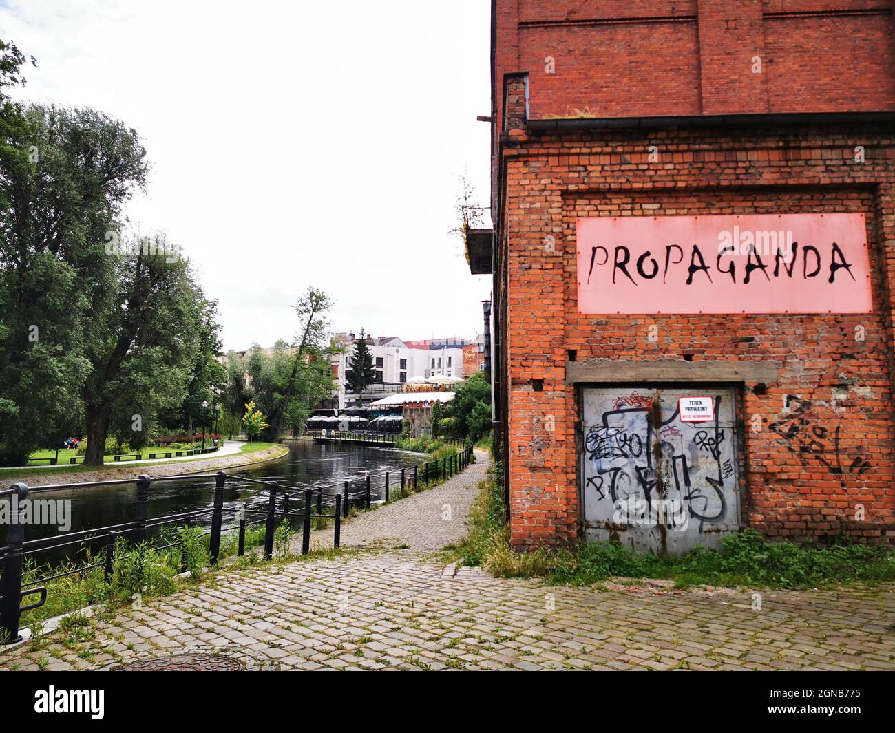 DANZIG, POLAND - Sep 03, 2021: The red brick wall with writing ...