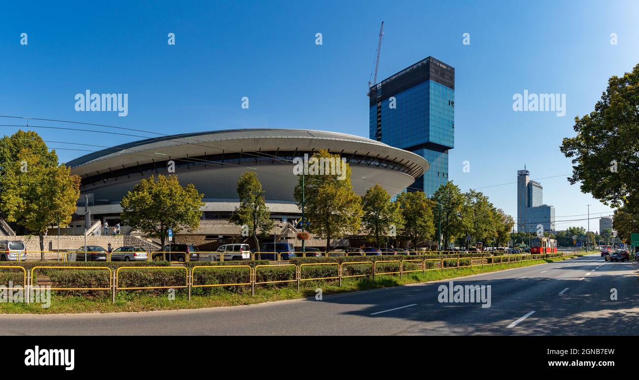 A picture of the Spodek and the .KTW building complex taken from the ...