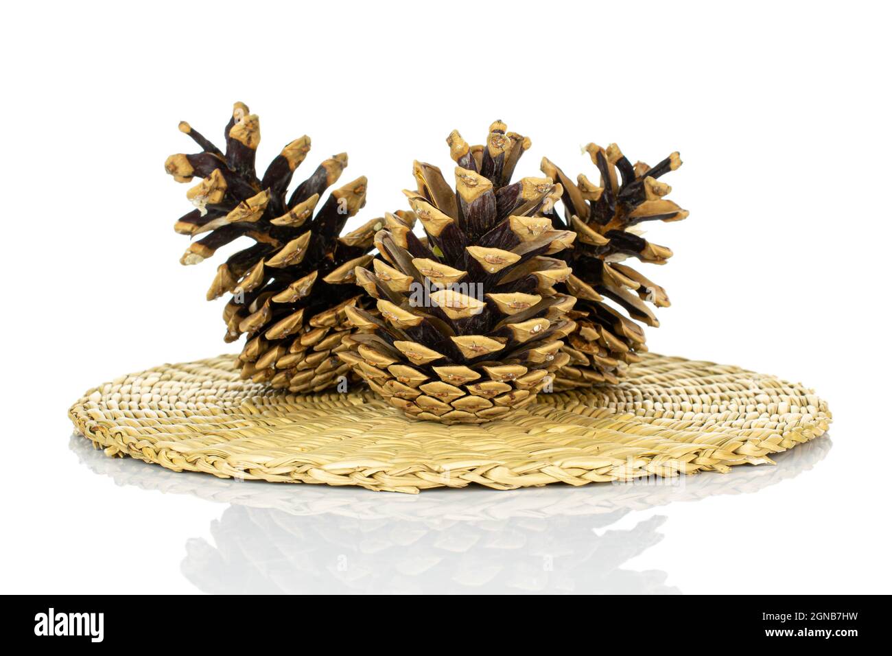 Group of three whole beautiful pine cone on straw coaster isolated on ...