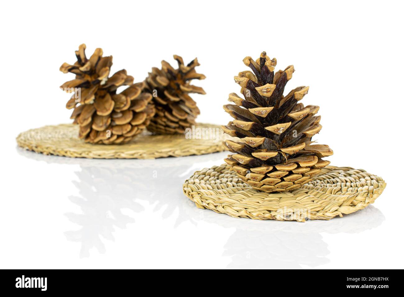 Group of three whole beautiful pine cone on straw coaster isolated on ...