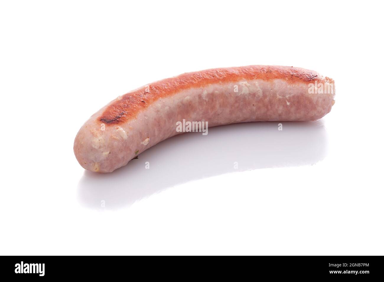 Piece of roasted Thuringian bratwurst fried sausage isolated on a white ...