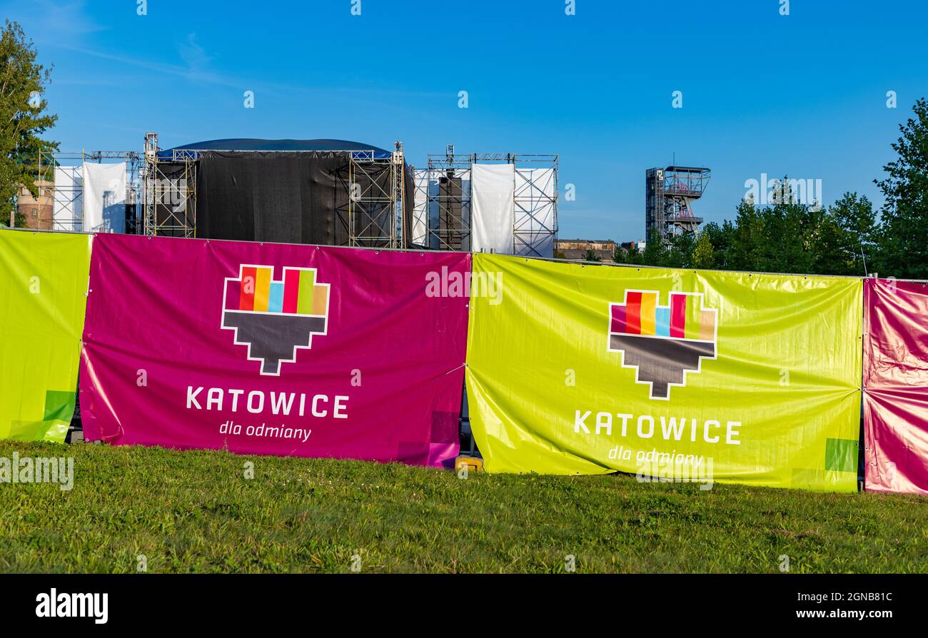A picture of two large banners with the Katowice logo marking the ...