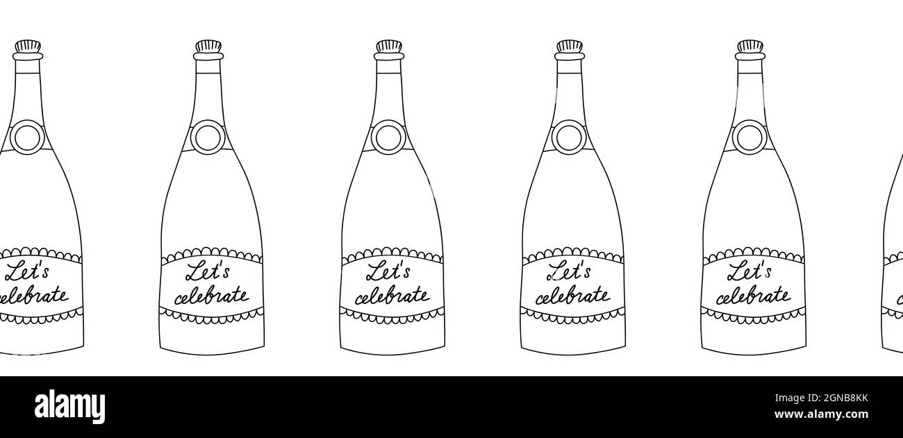 Champagne bottle seamless vector border line art. Hand drawn elegant ...