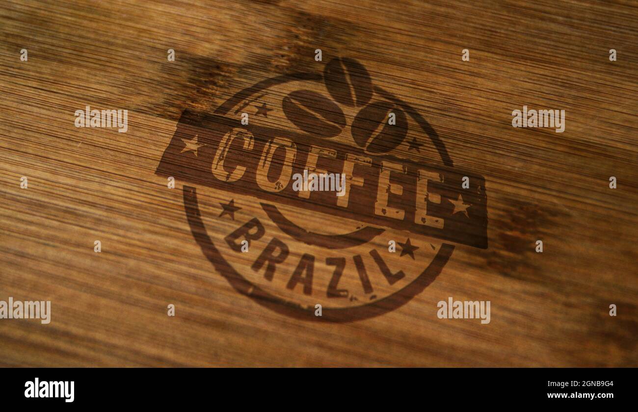 Coffee Brazil stamp printed on wooden box. Factory, manufacturing and ...