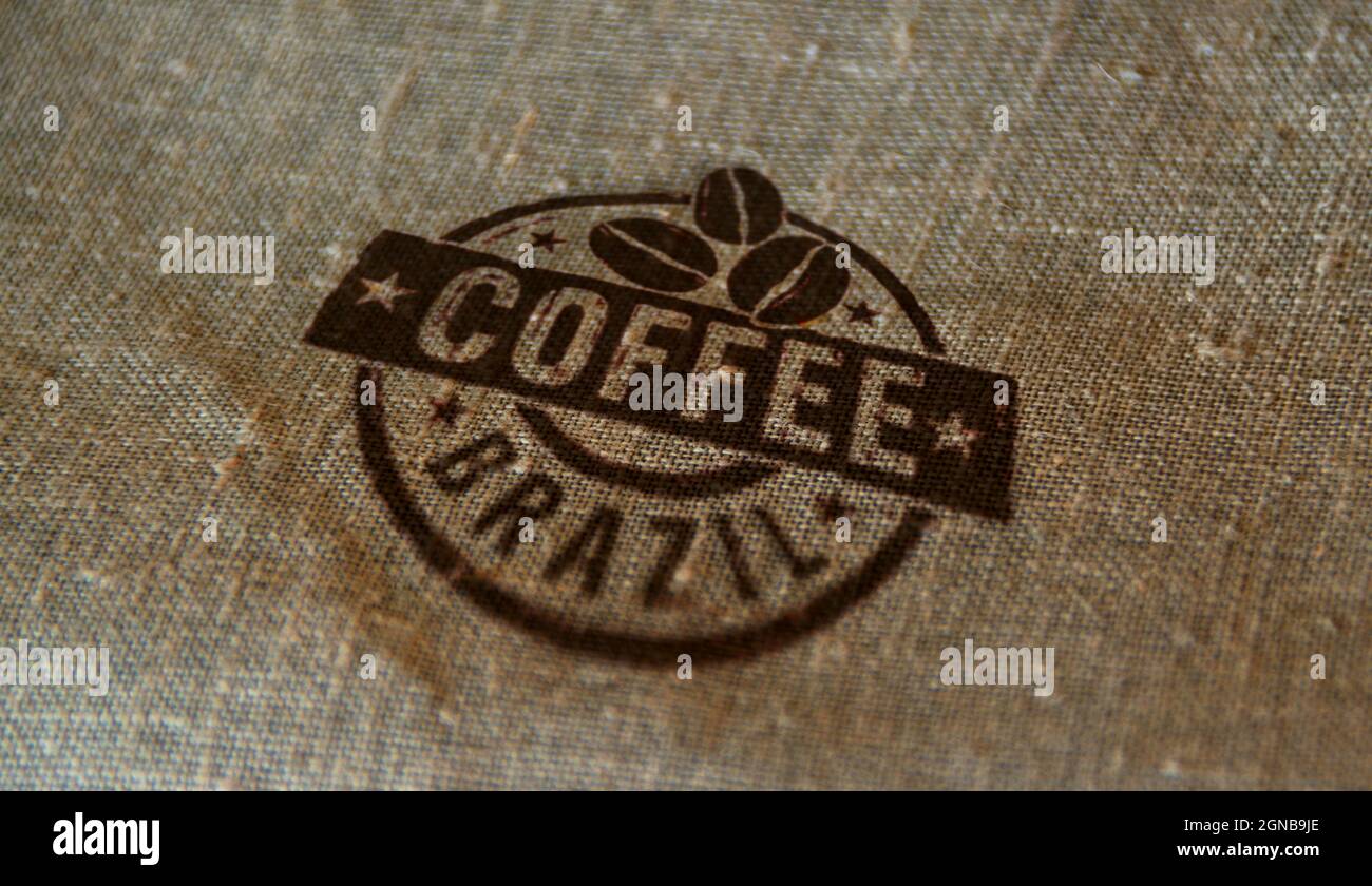 Coffee Brazil stamp printed on linen sack. Factory, manufacturing and ...