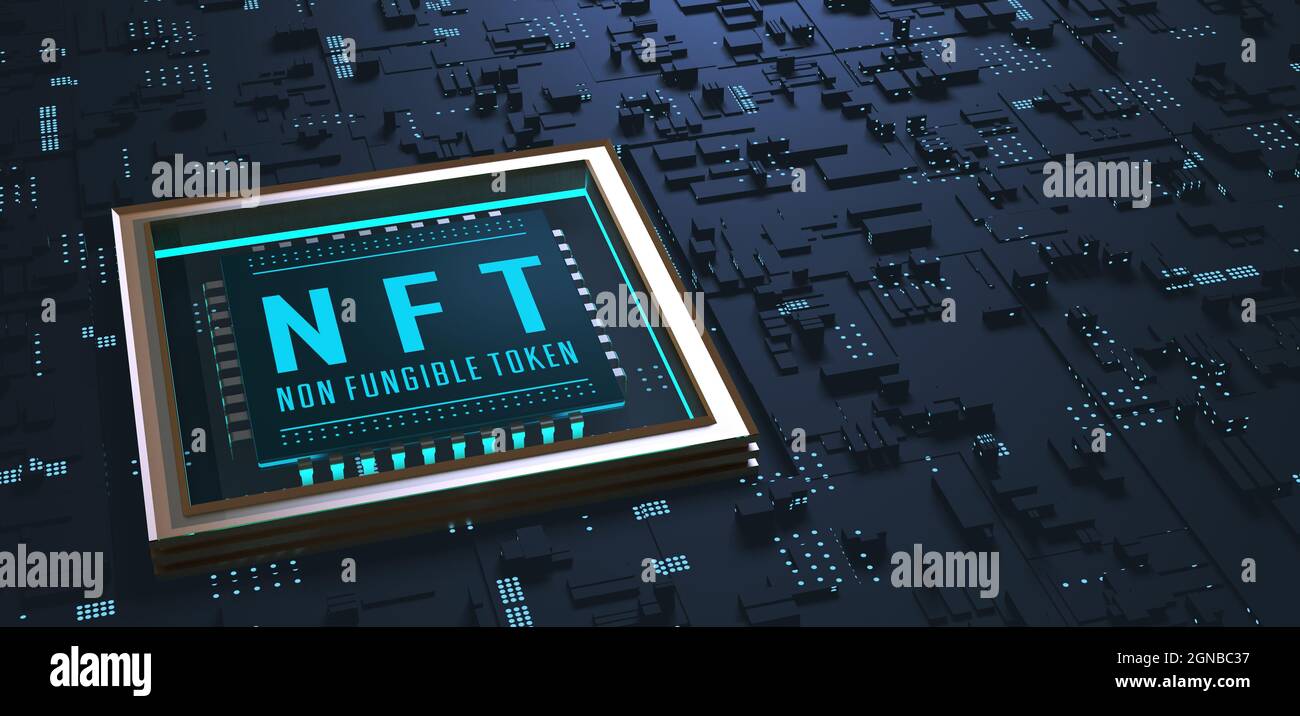 Abstract nft chip. Non-fungible token and hardware concept. 3D ...