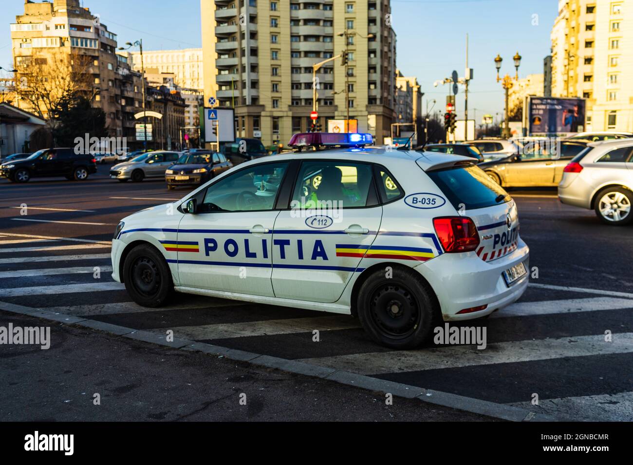 Romanian police (Politia Rutiera) car patrolling in downtown Bucharest ...