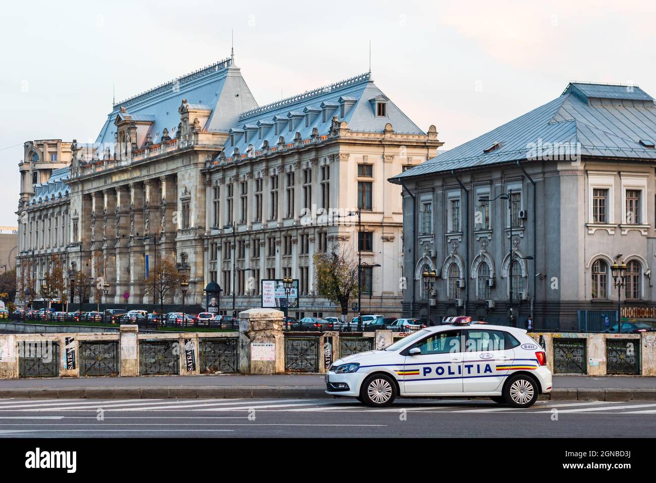 Romanian police (Politia Rutiera) car patrolling in downtown Bucharest ...
