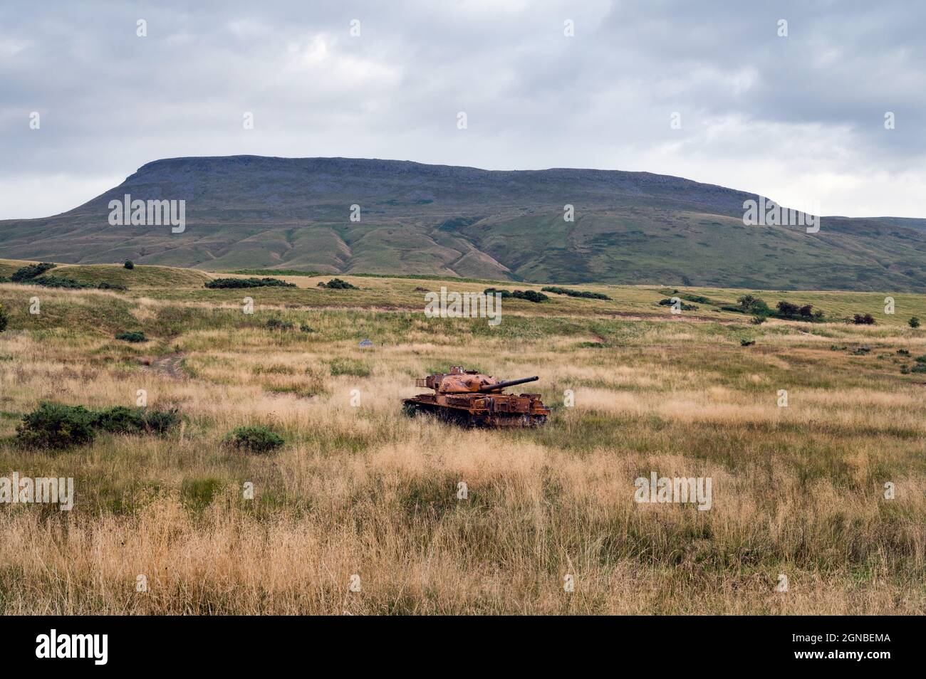 An old tank lies derelict on the Warcop army firing range, Cumbria, UK ...