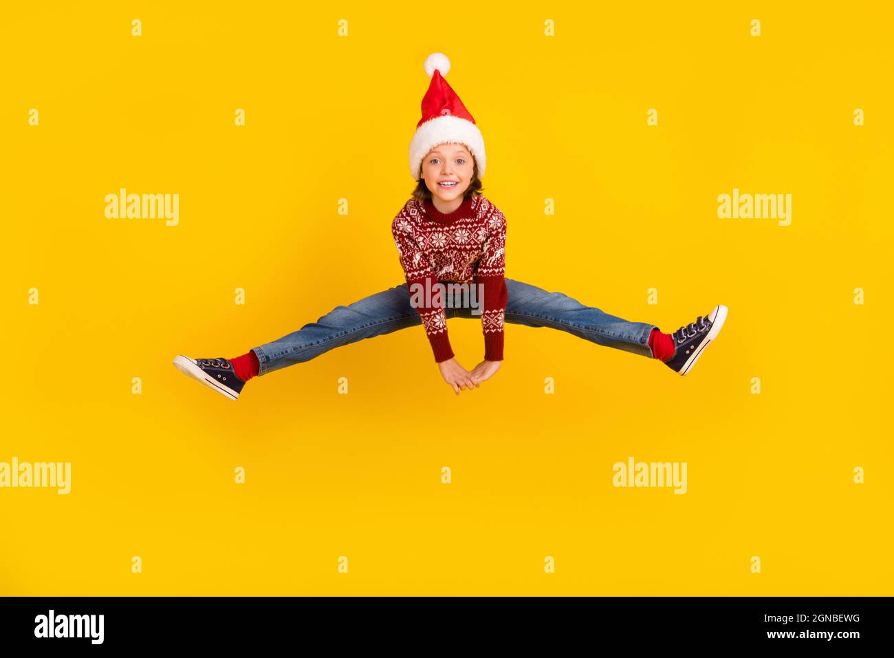 Full length photo of excited positive funky small girl jump up wear ...