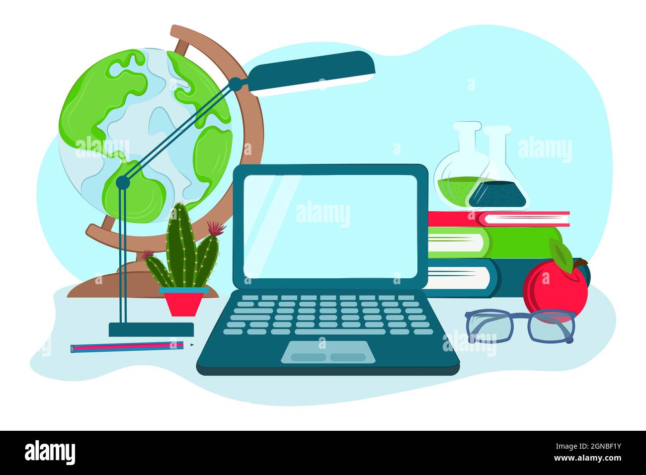 Illustration of school supplies on a white background. Laptop with ...