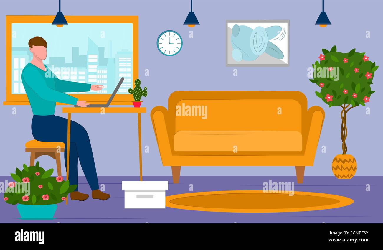 Man freelancer works at home using a computer. room interior. vector ...