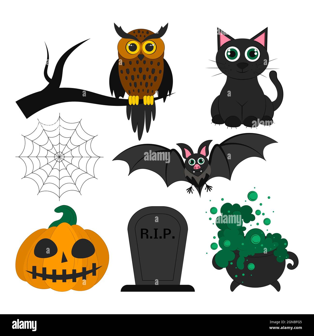 Set of objects for Halloween. Vector flat illustration. Holiday symbols ...