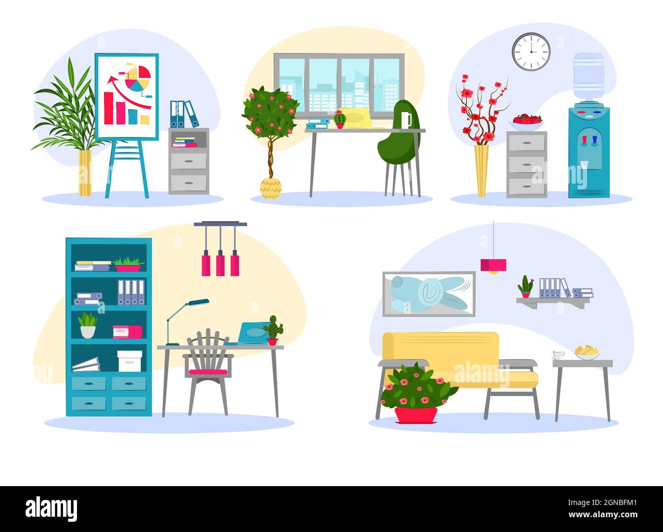 set of mini concepts office interior. Desk with computer, bookcase ...