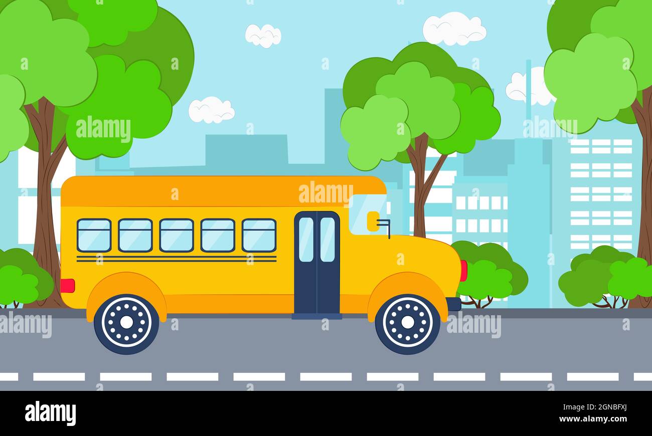 School bus rides along the road, buildings and trees in the background ...