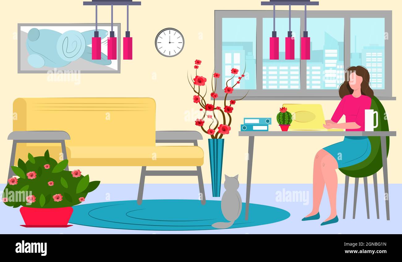 woman freelancer works at home using a computer. room interior. vector ...