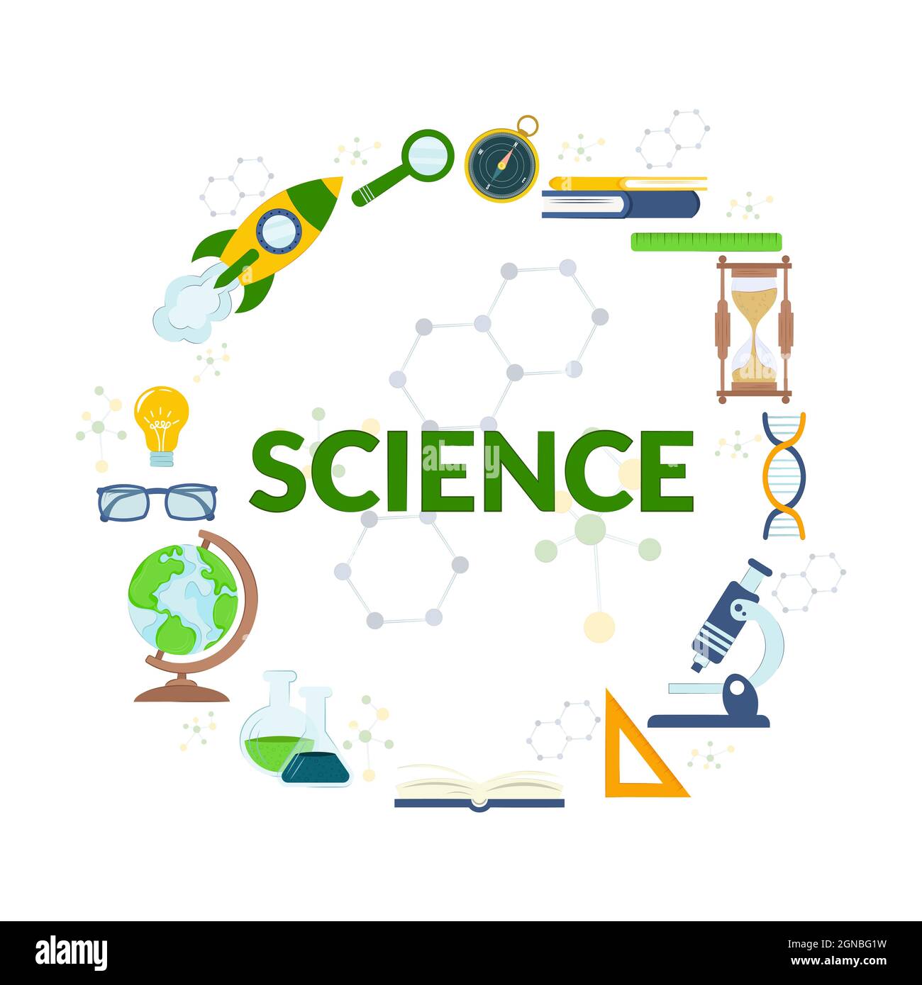 set of subjects of science, objects and symbols laid out in the form of ...
