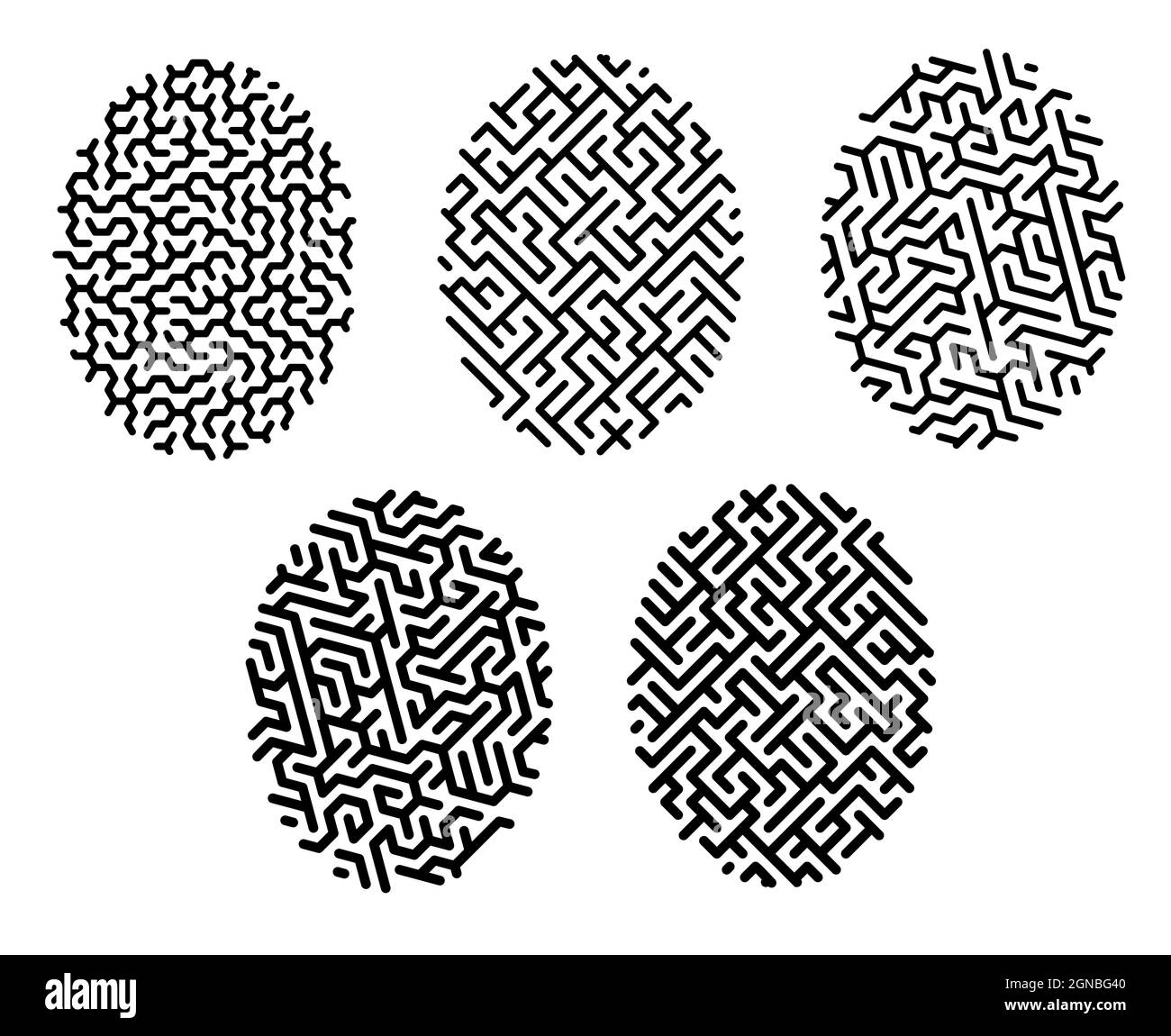 Linear icon. Set of fingerprint mazes with unique cells. Fingerprint biometric identification ...
