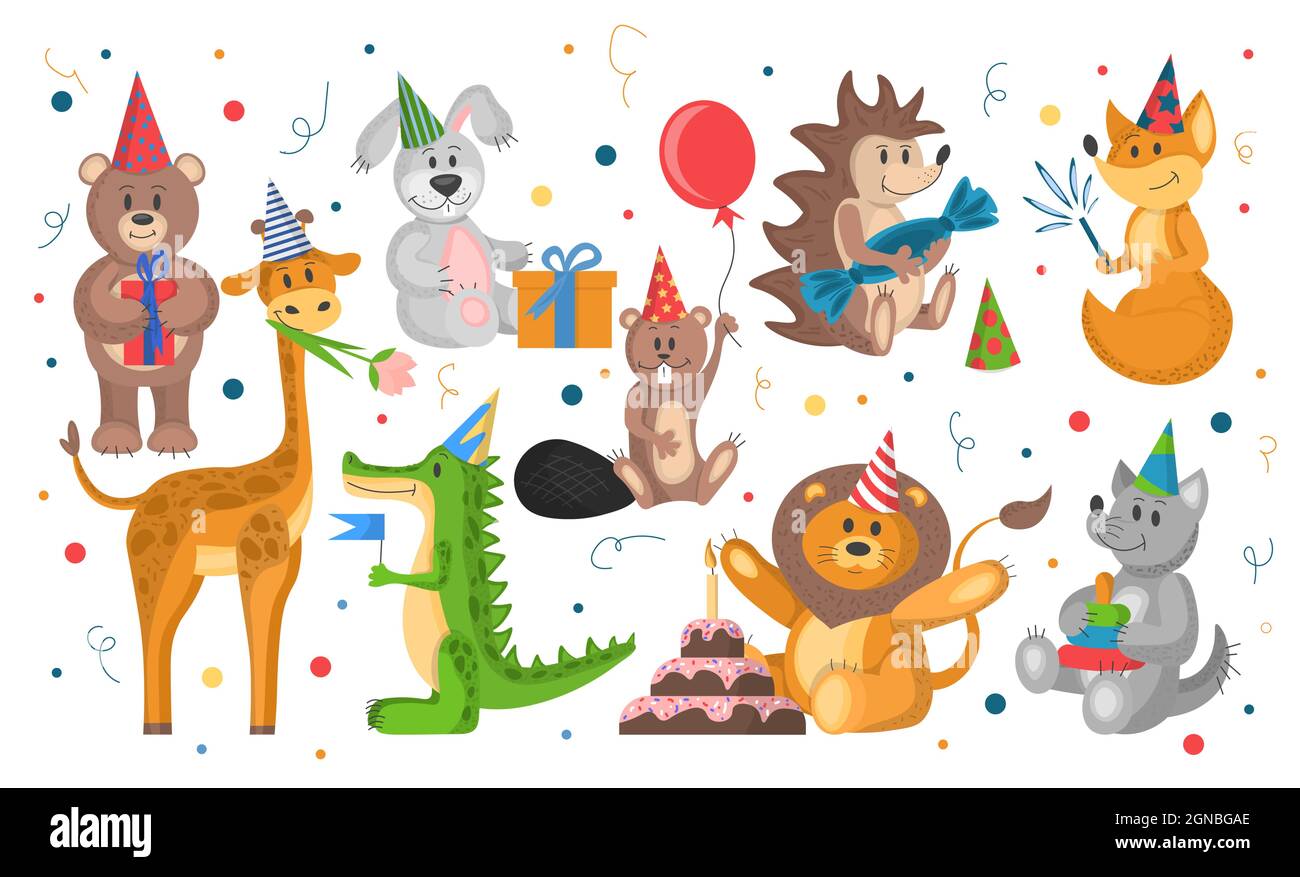 set of wild animals celebrate birthday. cute cartoon animals in flat ...