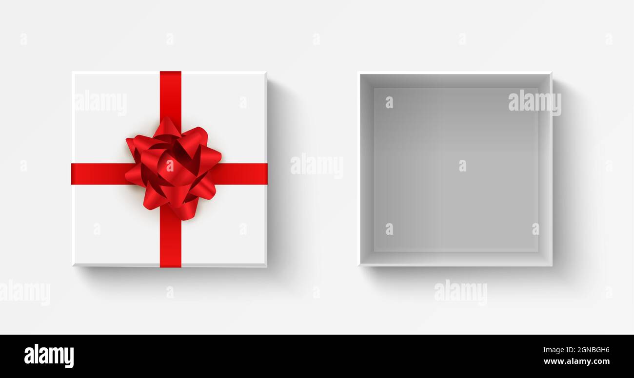 Gift open box top view. Celebration prize square box with red bow ...
