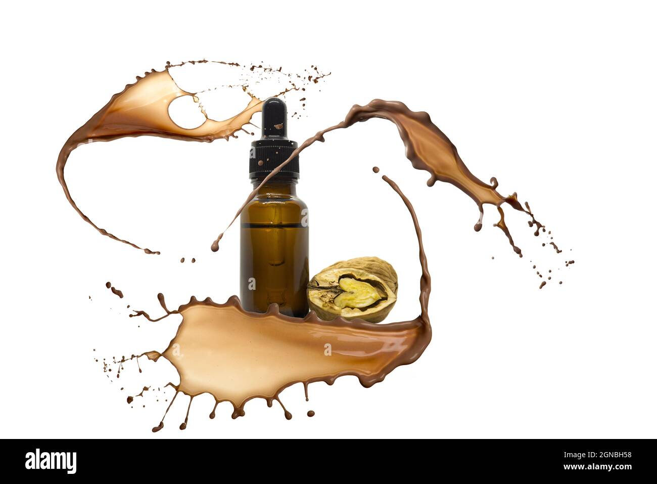 Liquid chocolate splash, nuts and bottle with dropper, white background ...