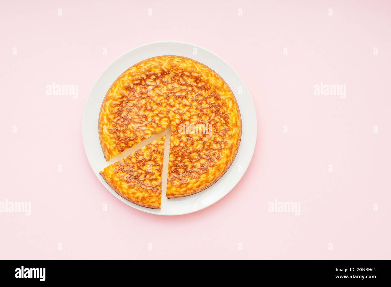 Pudding rice cake, round pie with a slice, pastry as dessert, minimal ...