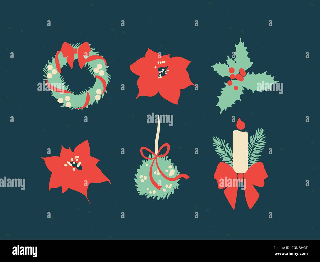 Set of Christmas elements. Poinsettia plants and flowers, holly berries ...