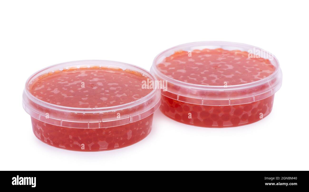 Red caviar in plastic container isolated on white background Stock ...