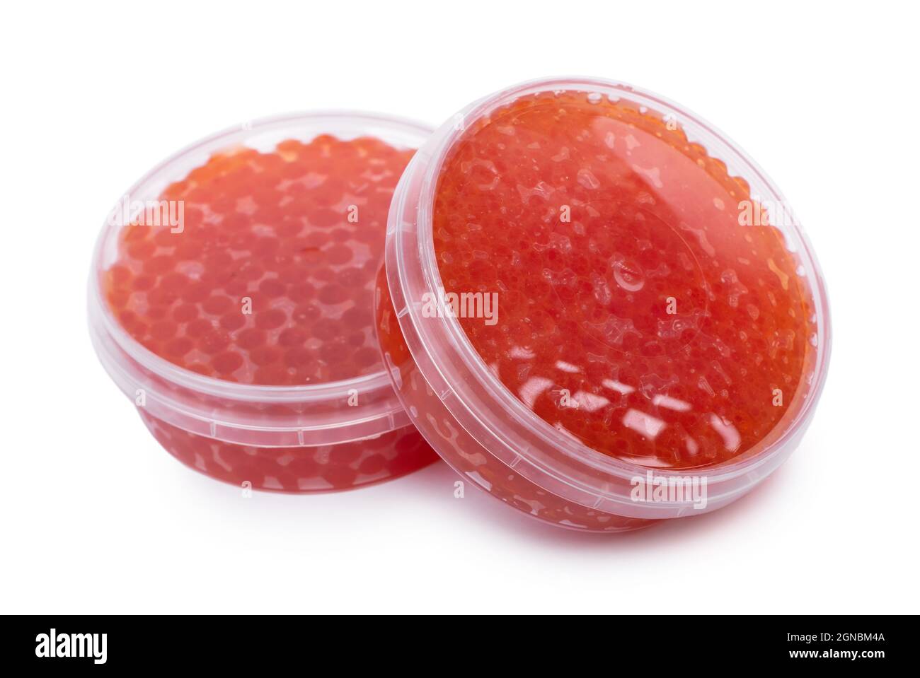 Red caviar in transparent plastic container isolated on white ...