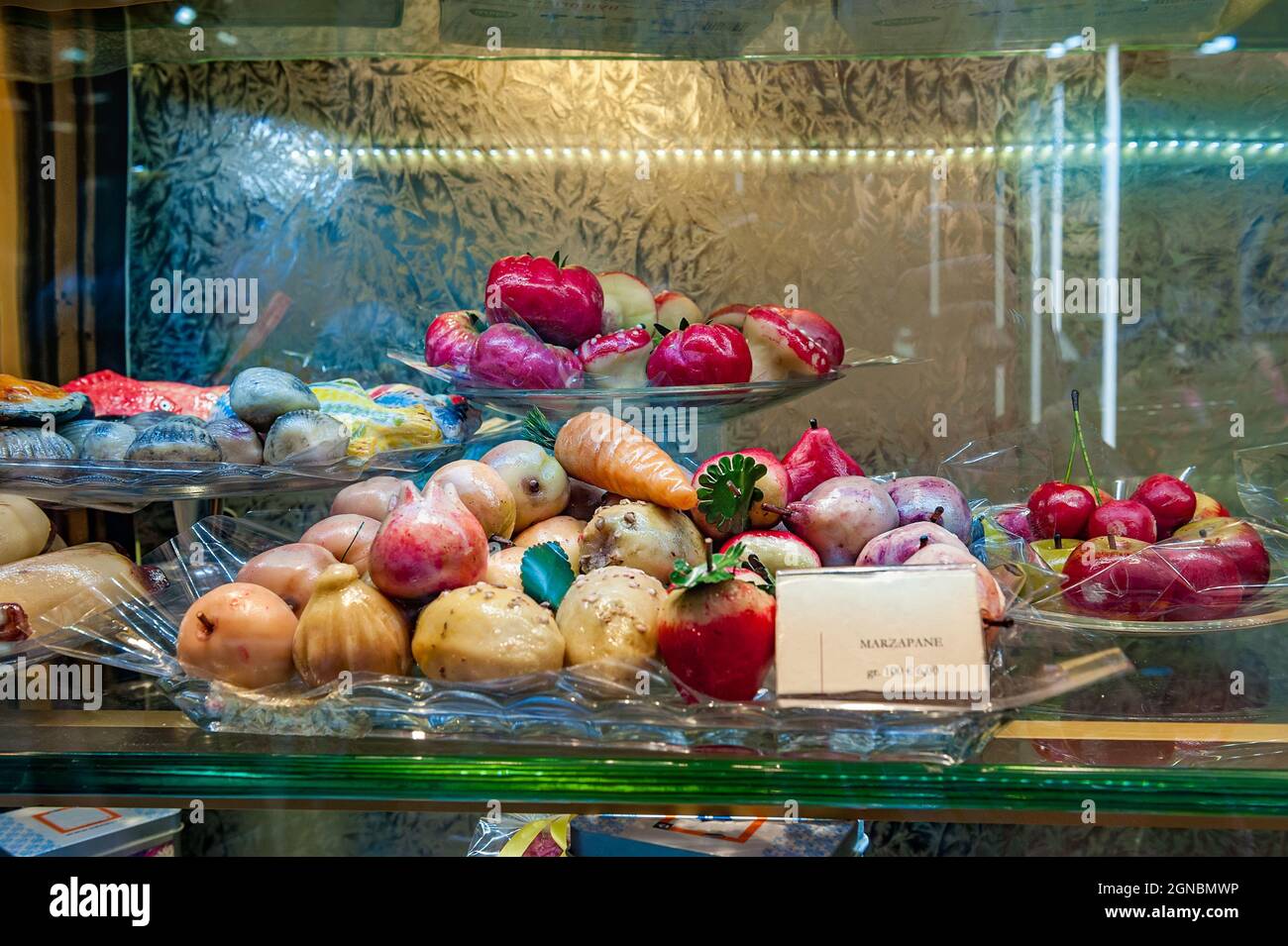 marzipan fruit on display. Marzipan assortment. Sweet marzipan with ...