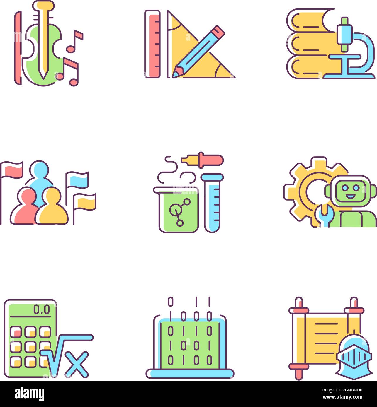 Different types of school subjects RGB color icons set Stock Vector ...