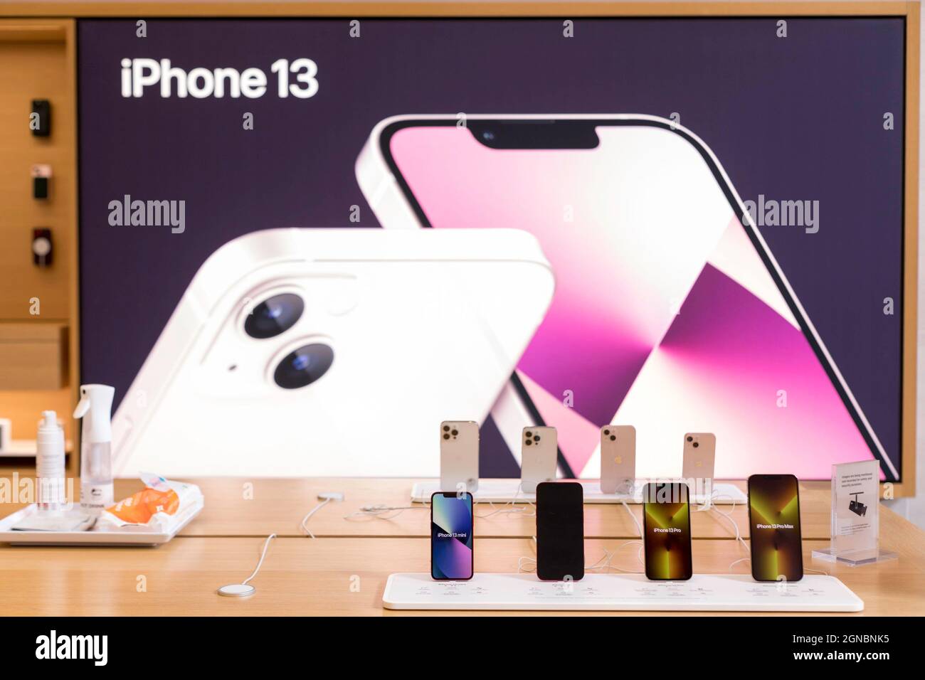 London, UK. 24th Sep, 2021. Various models of iPhone 13 seen displayed ...