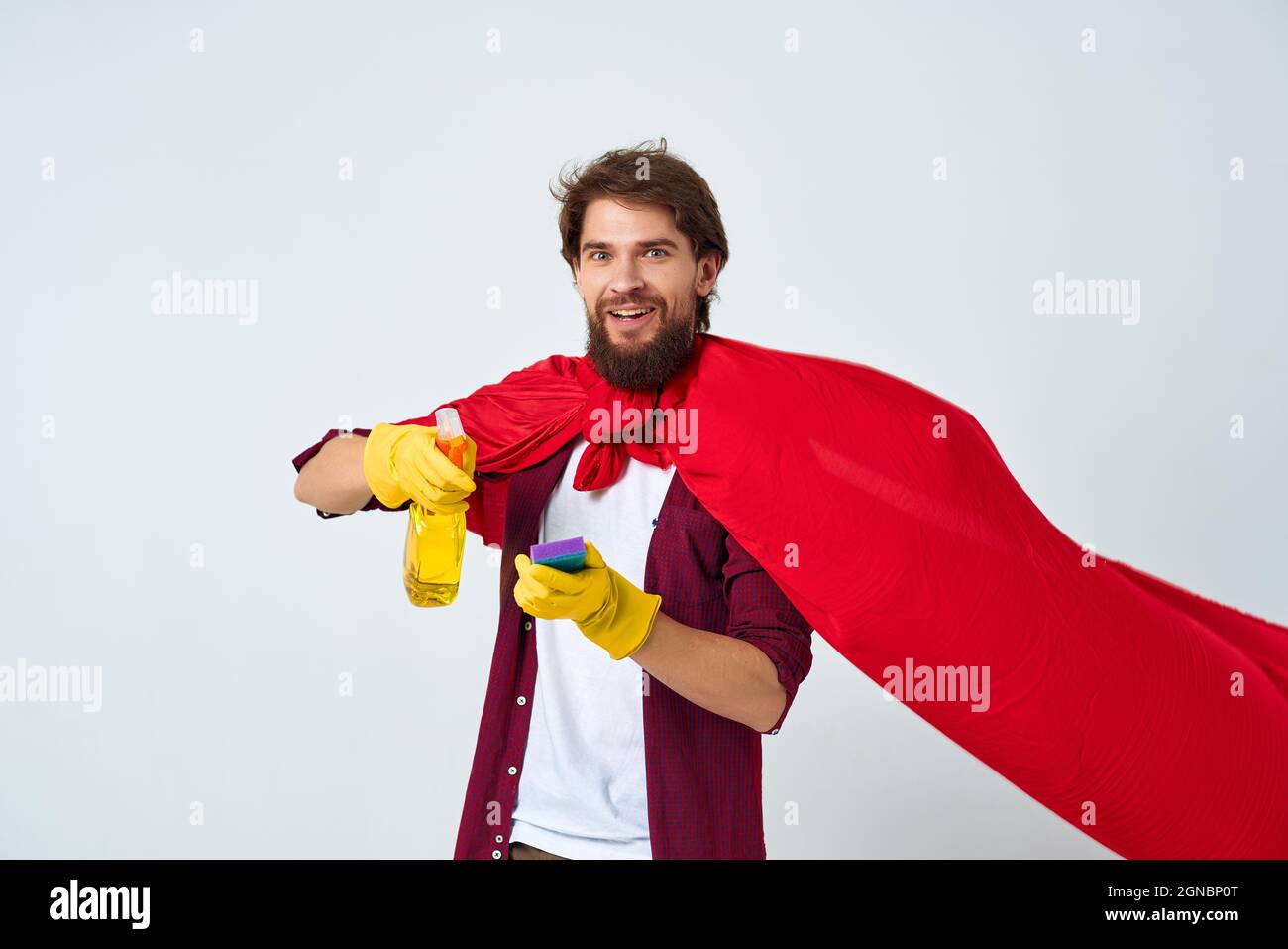 man in red cloak cleaning superheroes service cleanliness Stock Photo ...